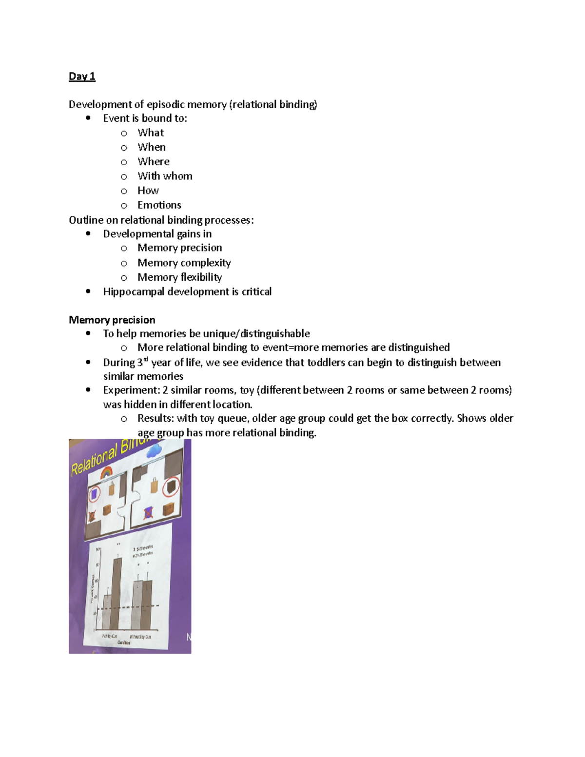 Week 4 - notes - Day 1 Development of episodic memory (relational ...