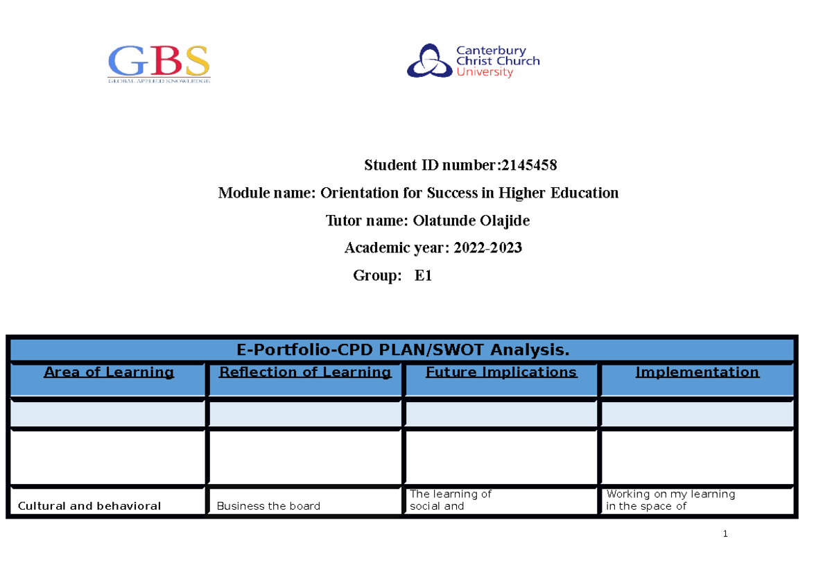 E-Portfolio Ionel Dinca - new 2- Copy - Student ID number: Module name ...