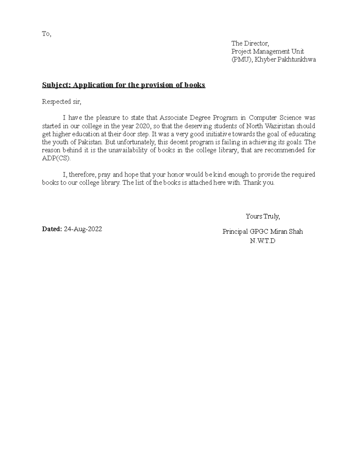 Application for the provision of books - To, Subject: Application for ...
