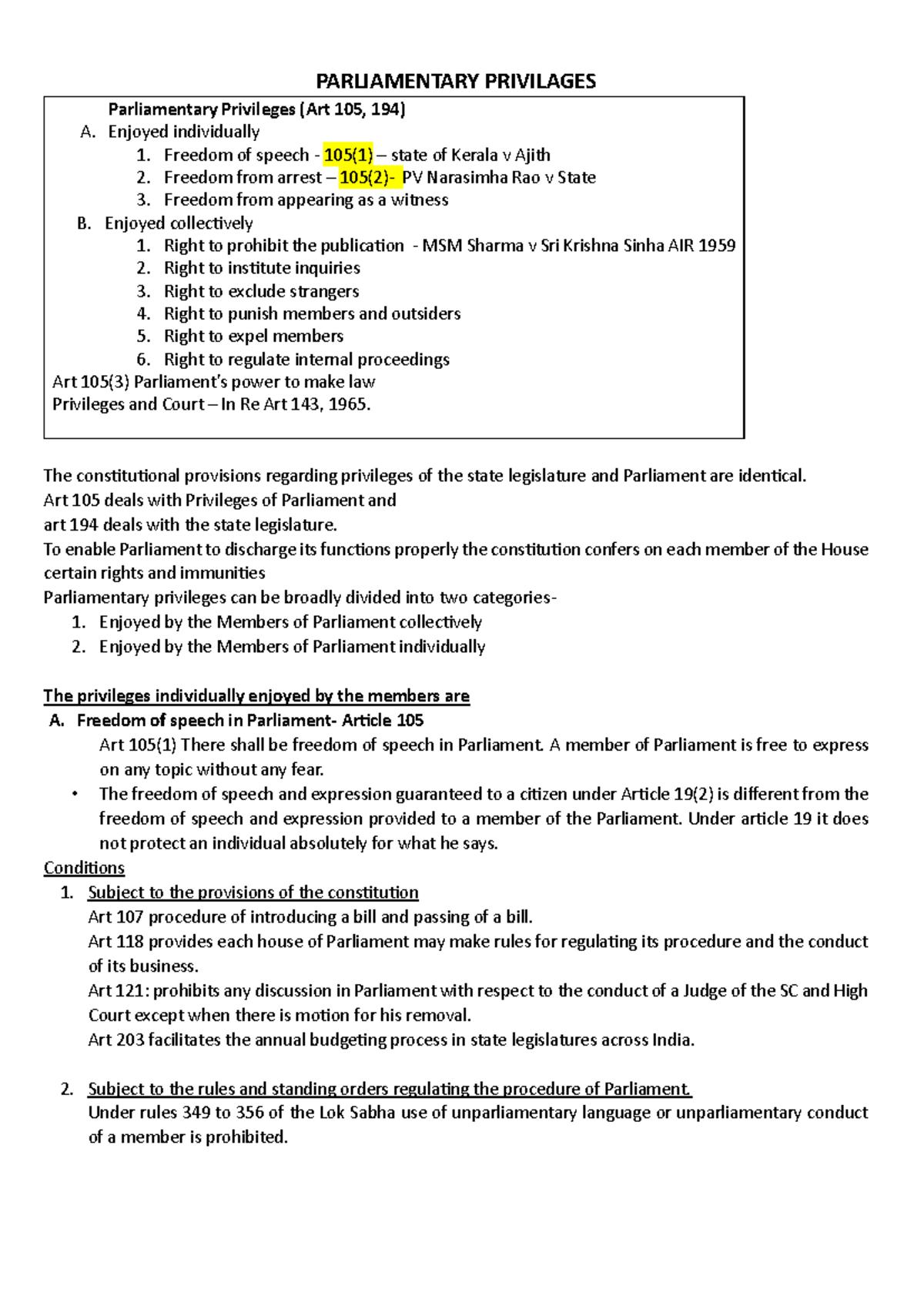 UNIT- 3 - Best lecture notes for kslu - PARLIAMENTARY PRIVILAGES ...