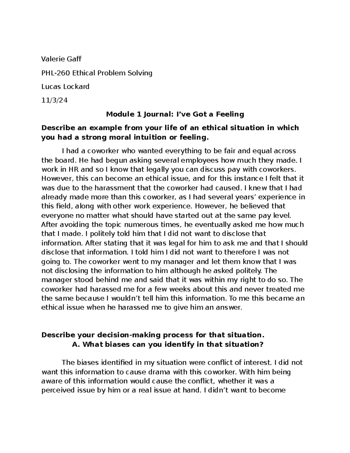 Module 1 Journal - Valerie Gaff PHL-260 Ethical Problem Solving Lucas ...