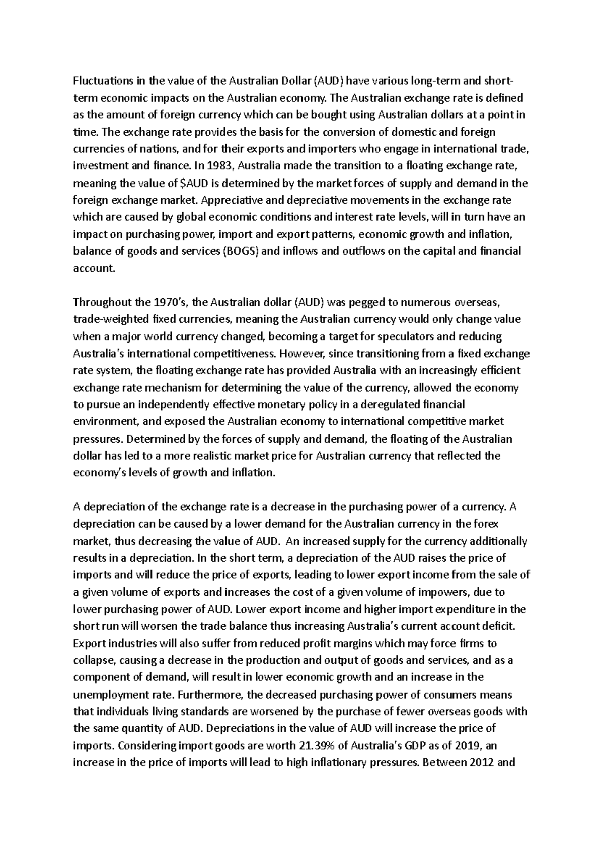 Exchange RATE Essay - Fluctuations in the value of the Australian ...