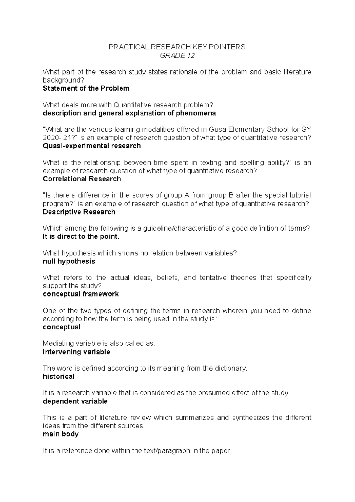 Practical Research KEY Pointers - PRACTICAL RESEARCH KEY POINTERS GRADE ...