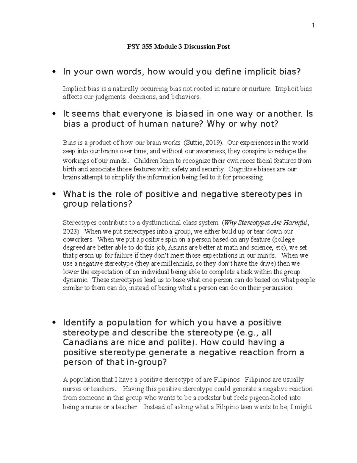 PSY 355 Module 3 Discussion Post - 1 PSY 355 Module 3 Discussion Post ...