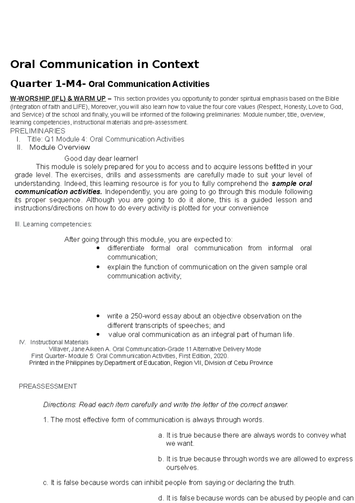 Oral Communication Module - Oral Communication in Context Quarter 1-M4- Oral Communication - Studocu