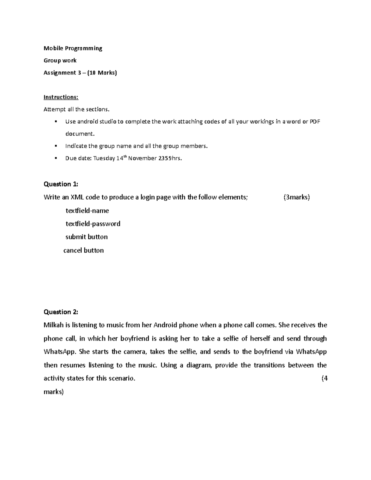 Group work Assignment 3 - Mobile Programming Group work Assignment 3 – (10 Marks) Instructions ...
