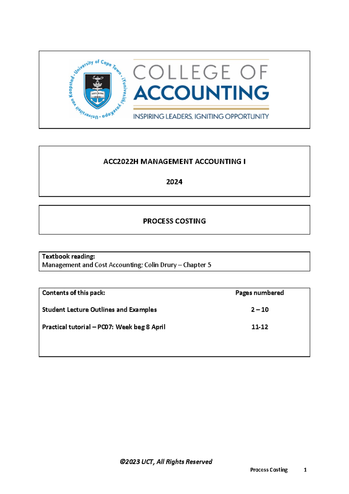 ACC2022H 2024 Process Costing Module - ©2023 UCT, All Rights Reserved ...