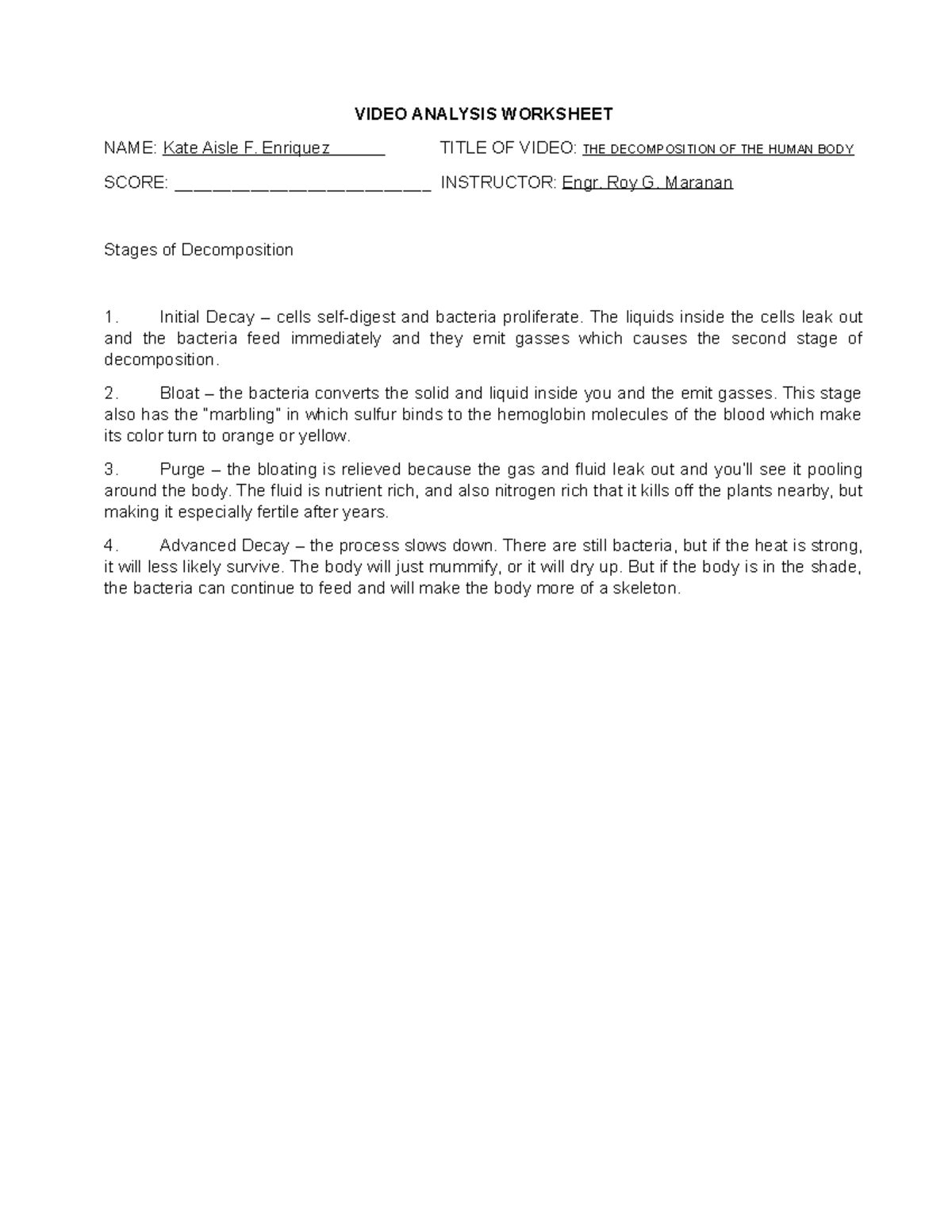 Video Analysis Template- Forensic CHEM - VIDEO ANALYSIS WORKSHEET NAME ...