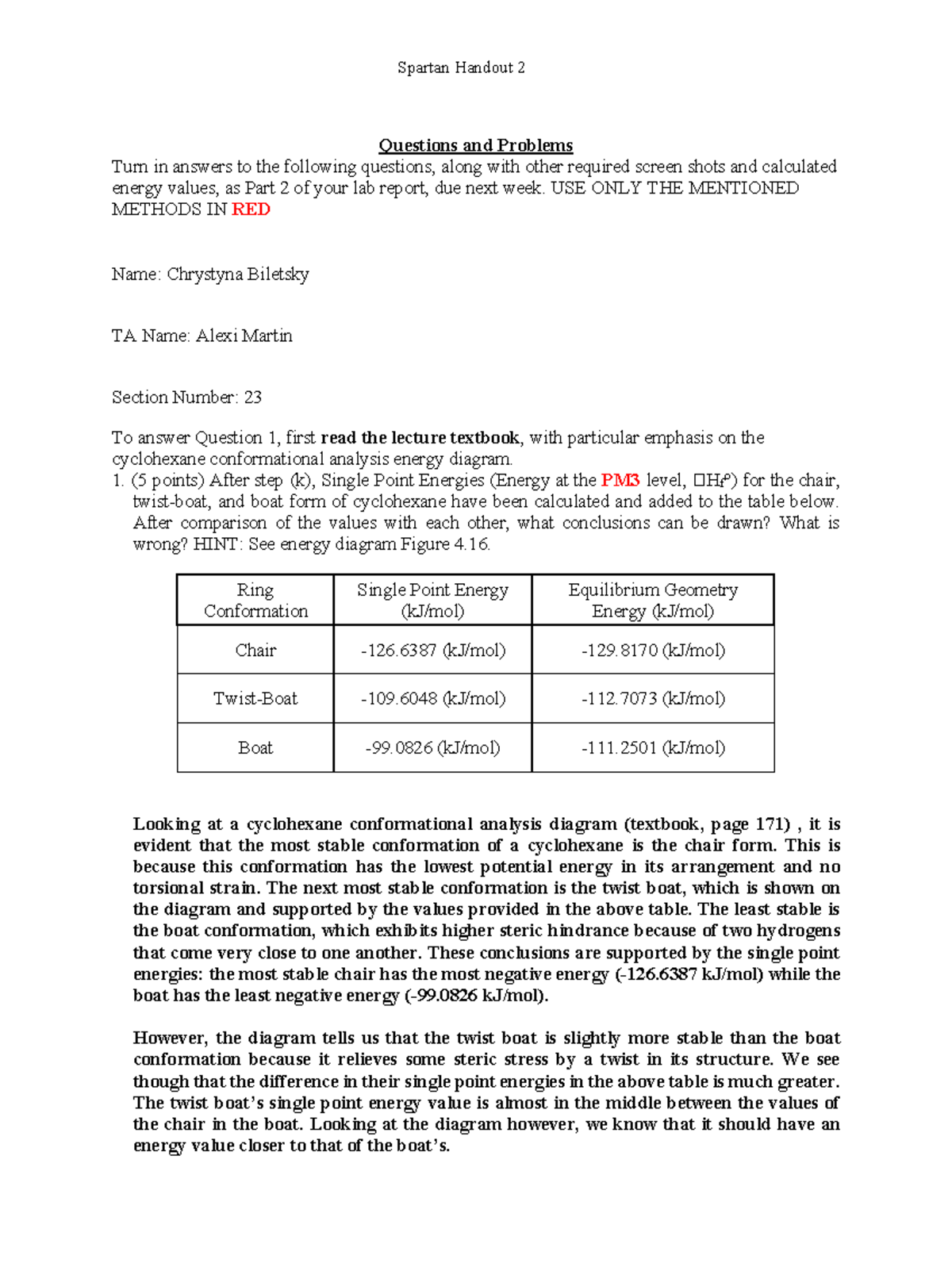 Lab Report 6 Spartan 2 Chem 2203 Lab 6 Part 2 Grade 100 100 Questions And Problems Turn In
