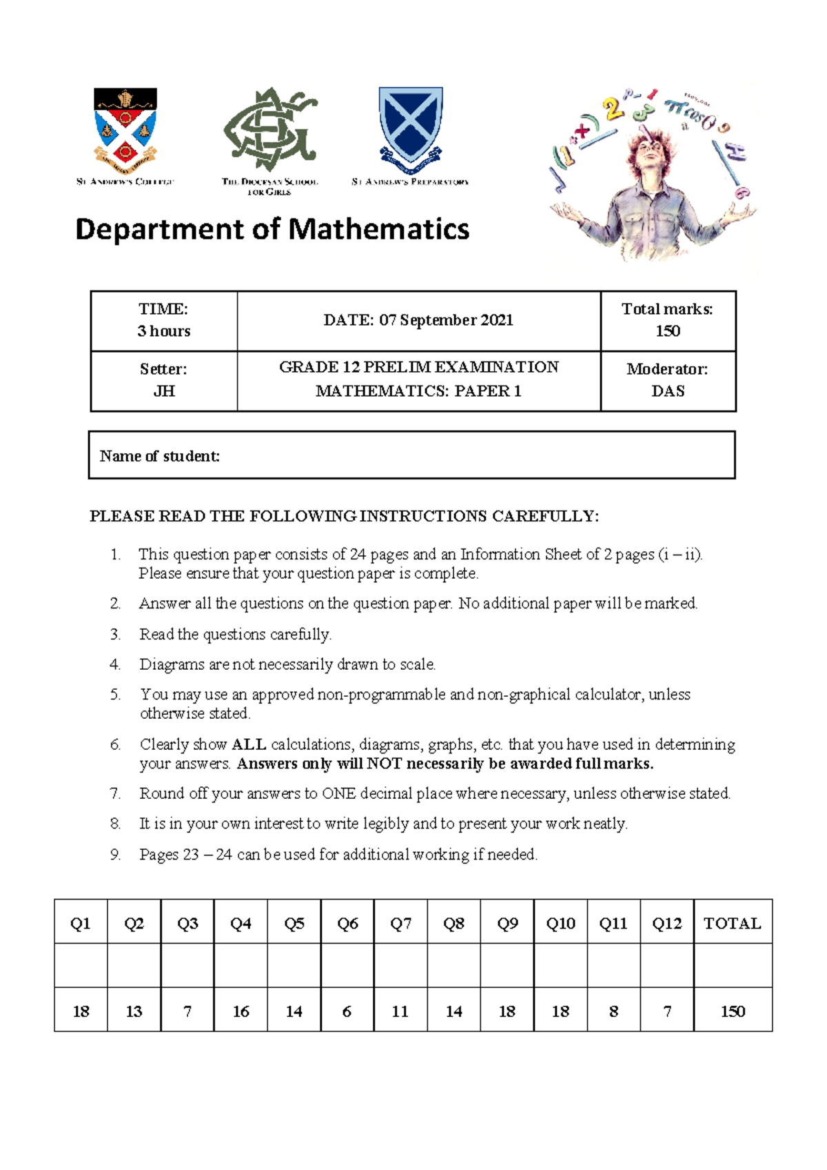 Maths documents - TIME: 3 hours DATE: 07 September 2021 Total marks ...