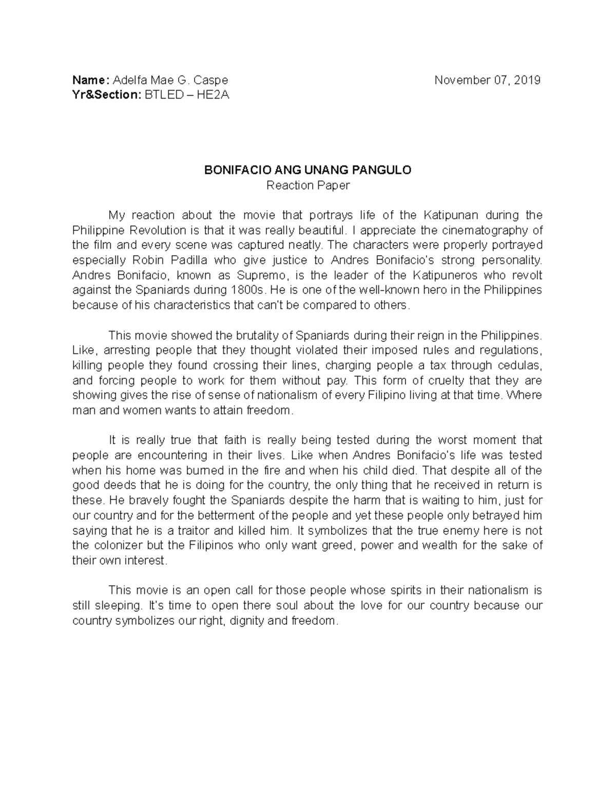 Reaction Paper notes - Name: Adelfa Mae G. Caspe November 07, 2019 Yr ...