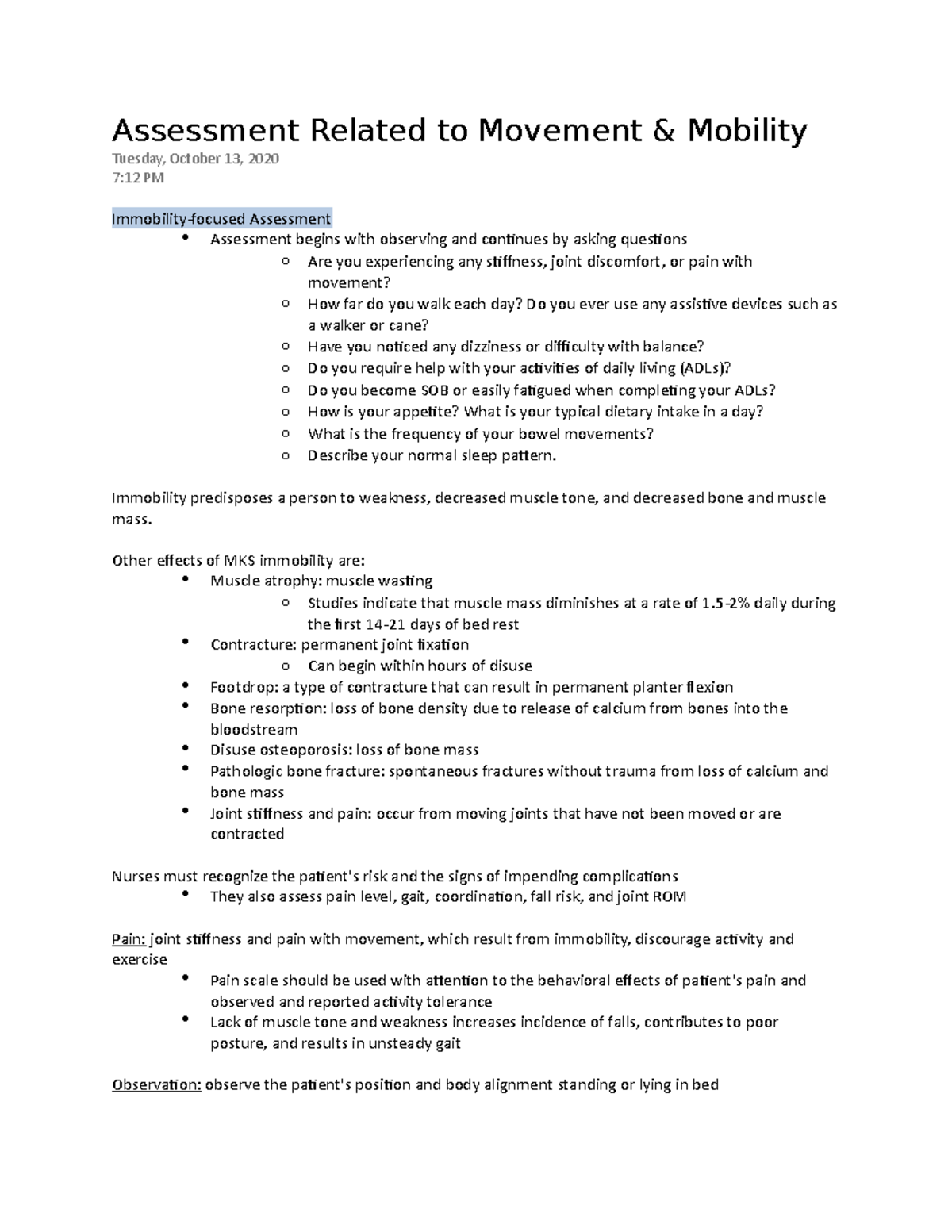 Assessment Related to Movement & Mobility - Assessment Related to ...