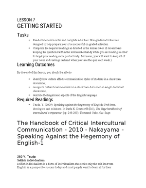 Lesson one week 1 PD 201 - class note - GETTING STARTED LESSON 1: INTRODUCTION TO INTERCULTURAL ...