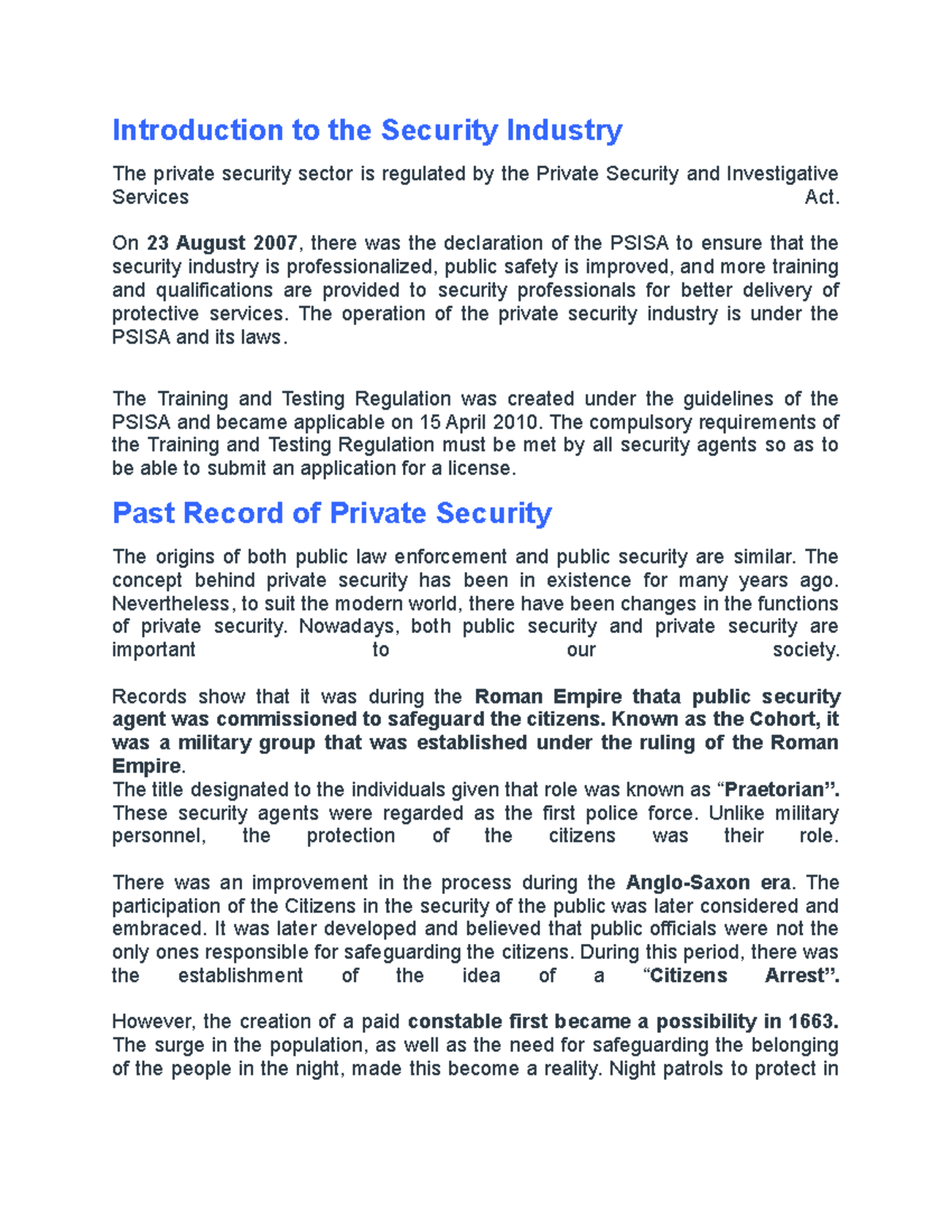 Introduction to the Security Industry - On 23 August 2007, there was ...