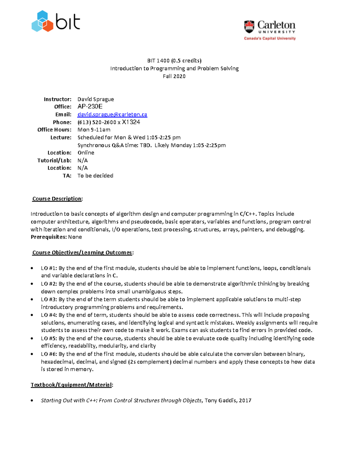 BIT 1400 Course Outline Fall 2020 - Bit 1400 - Carleton - Studocu