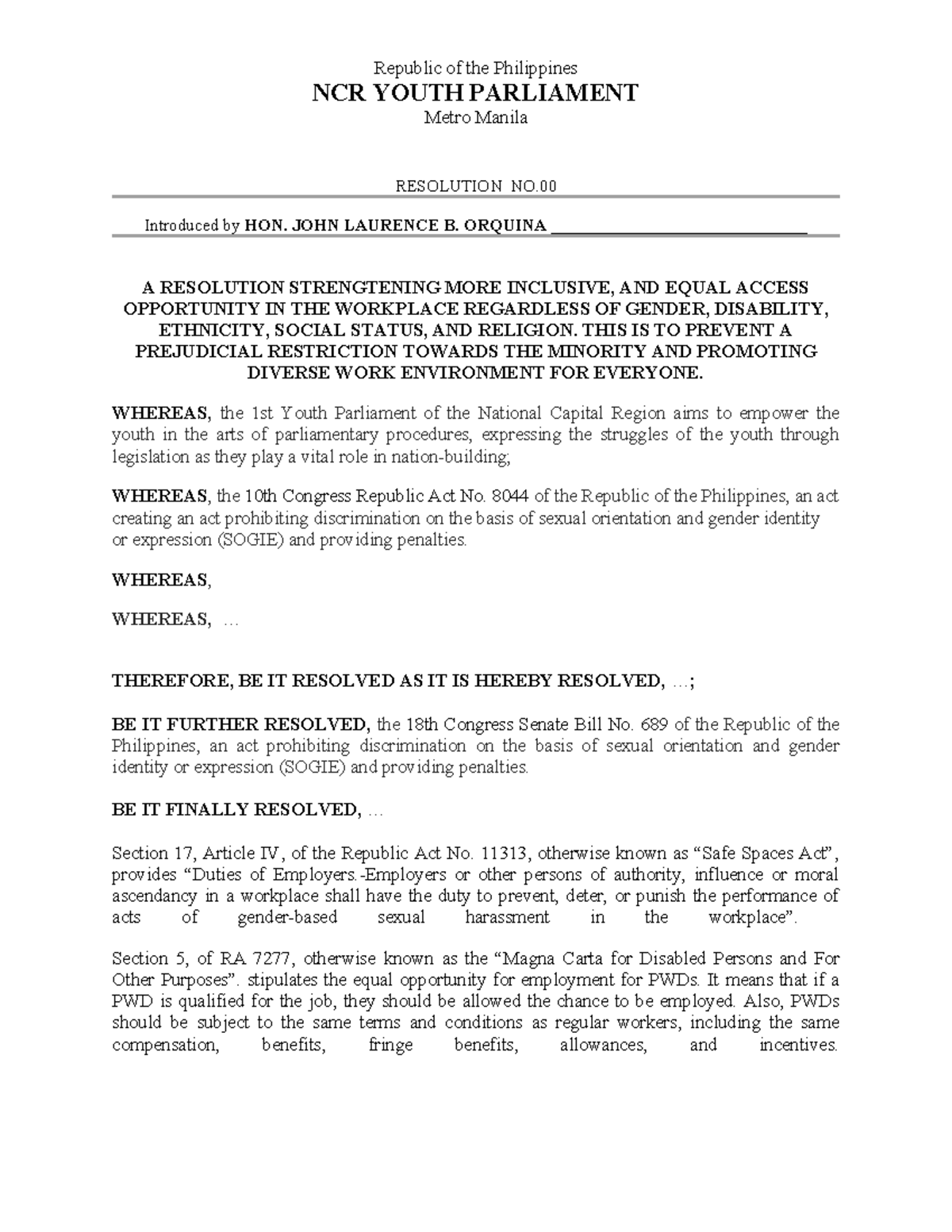 Equity IN THE Workplace - Republic of the Philippines NCR YOUTH ...