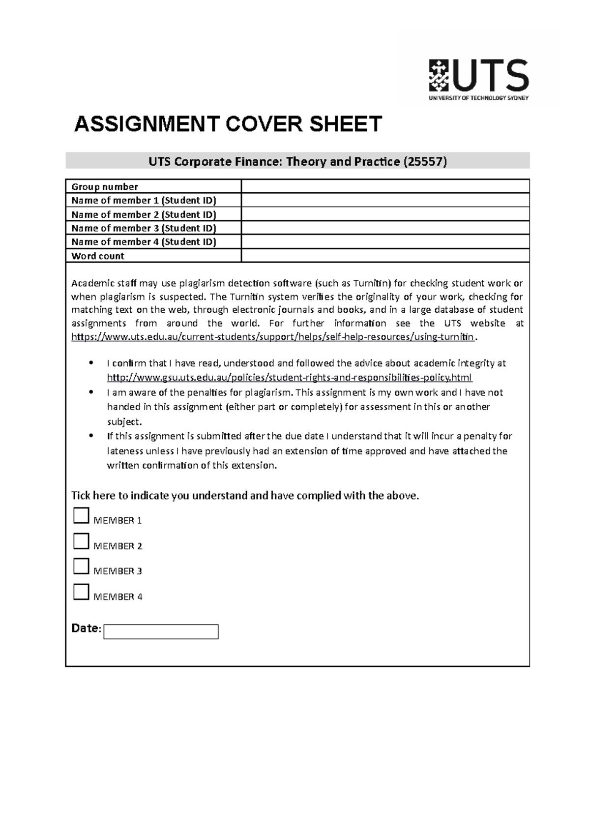 25557 gruop assiment - ASSIGNMENT COVER SHEET UTS Corporate Finance ...