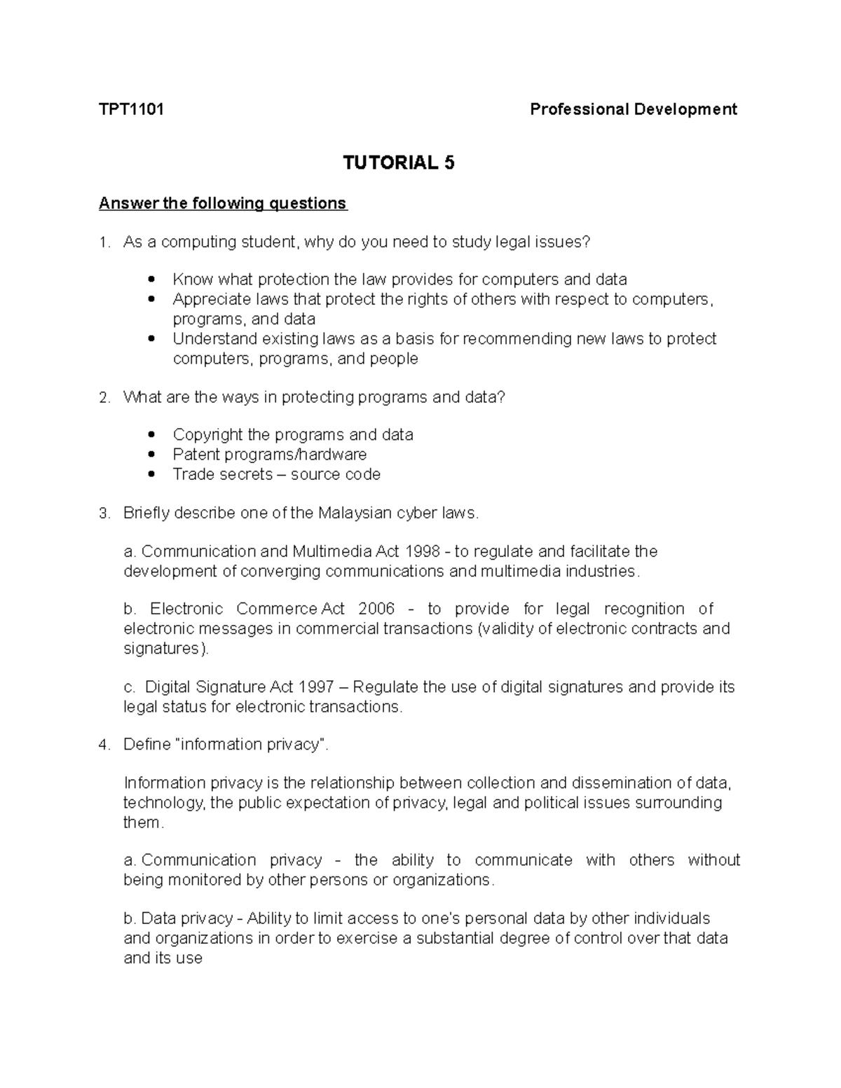 1211305748 Tutorial 5 - TPT1101 Professional Development TUTORIAL 5 ...