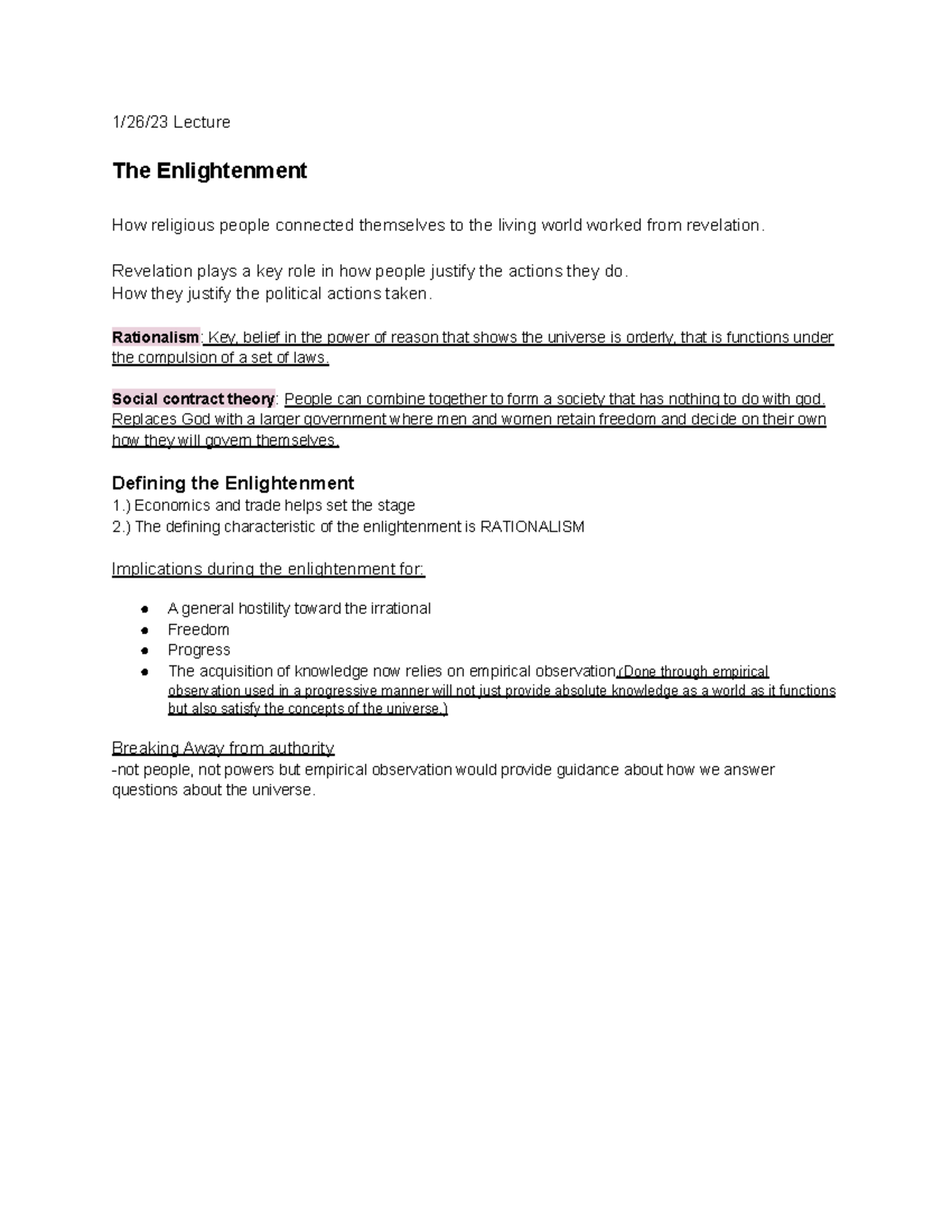 Atlantic worlds 1 26 23 - Lecture notes on the enlightenment - 1/26/23 ...
