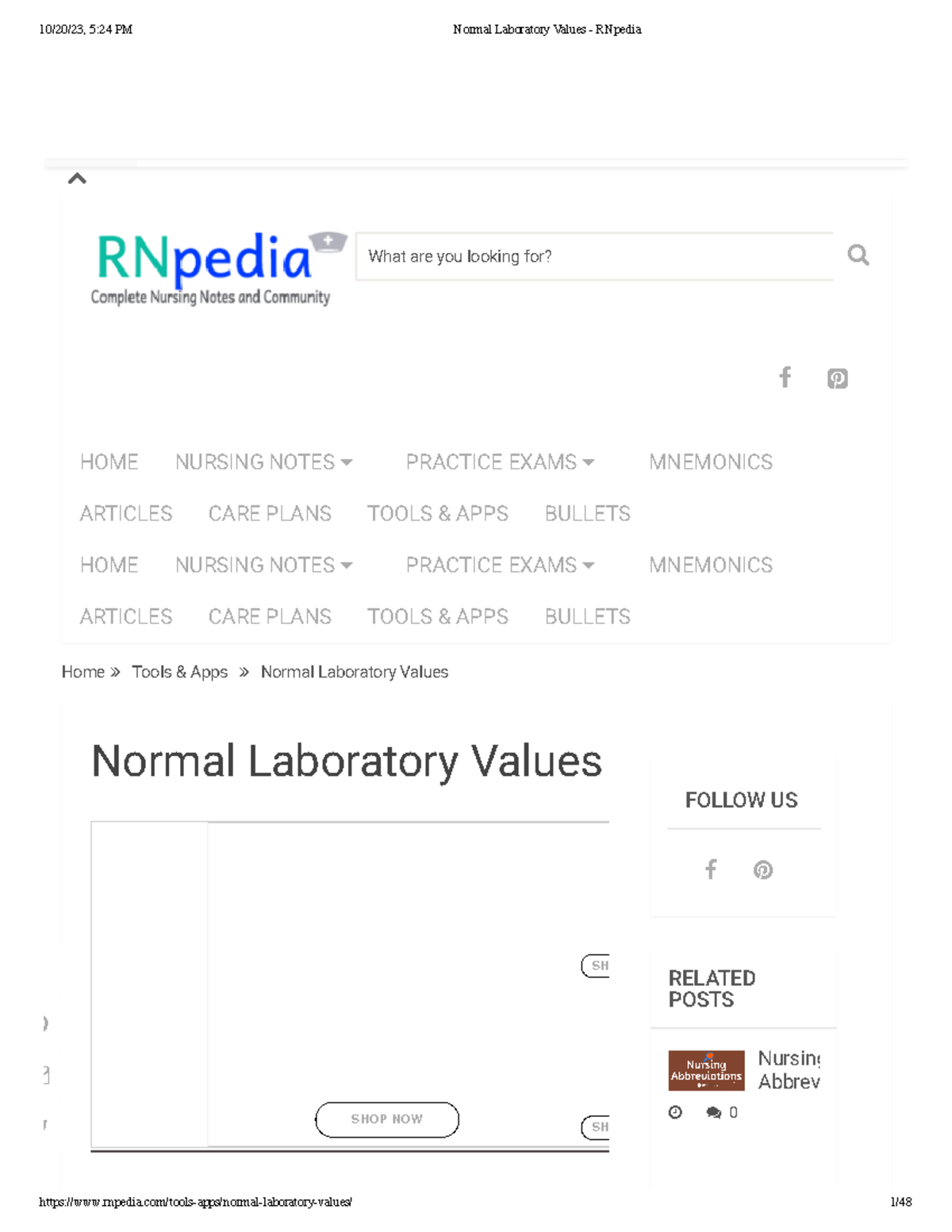 Normal Laboratory Values - RNpedia - Home Tools & Apps Normal ...