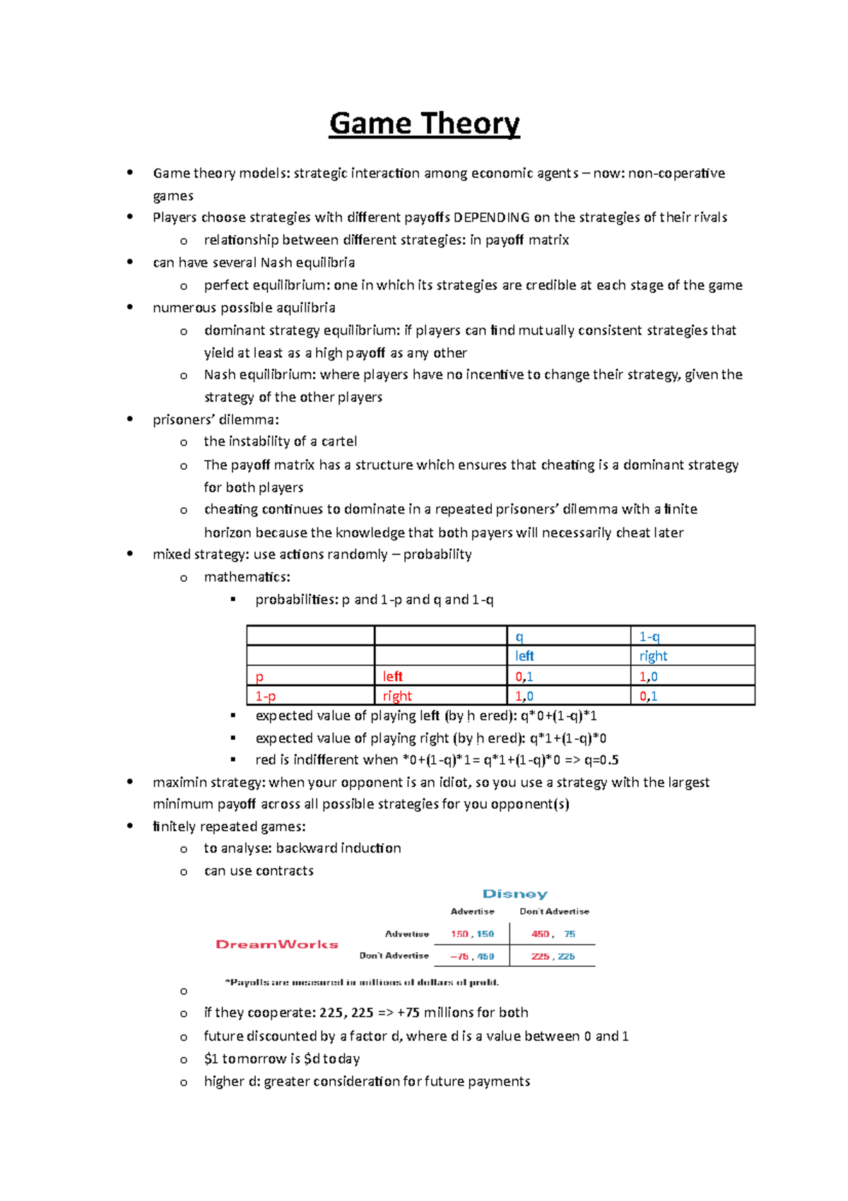 Game theory - summary - Lecture notes 1-4 - Game Theory Game theory ...