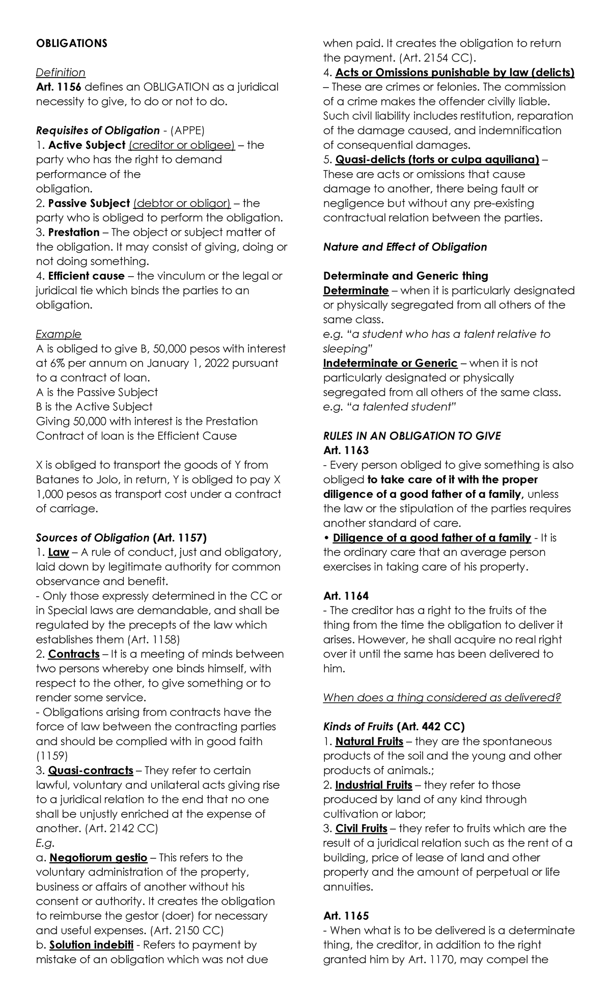 Oblicon- Notes - yes - OBLIGATIONS Definition Art. 1156 defines an ...