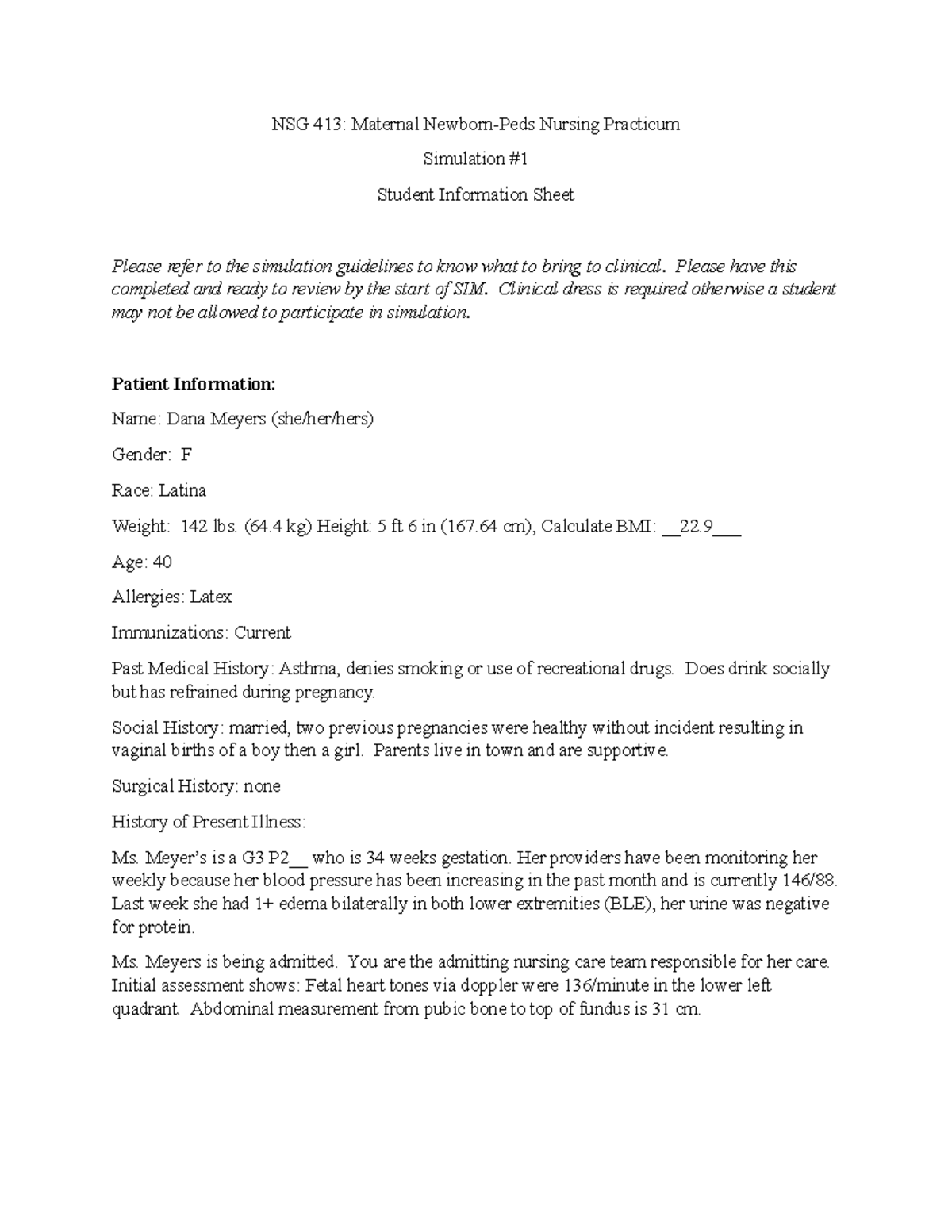 OB Simulation 1 sheet - NSG 413: Maternal Newborn-Peds Nursing ...
