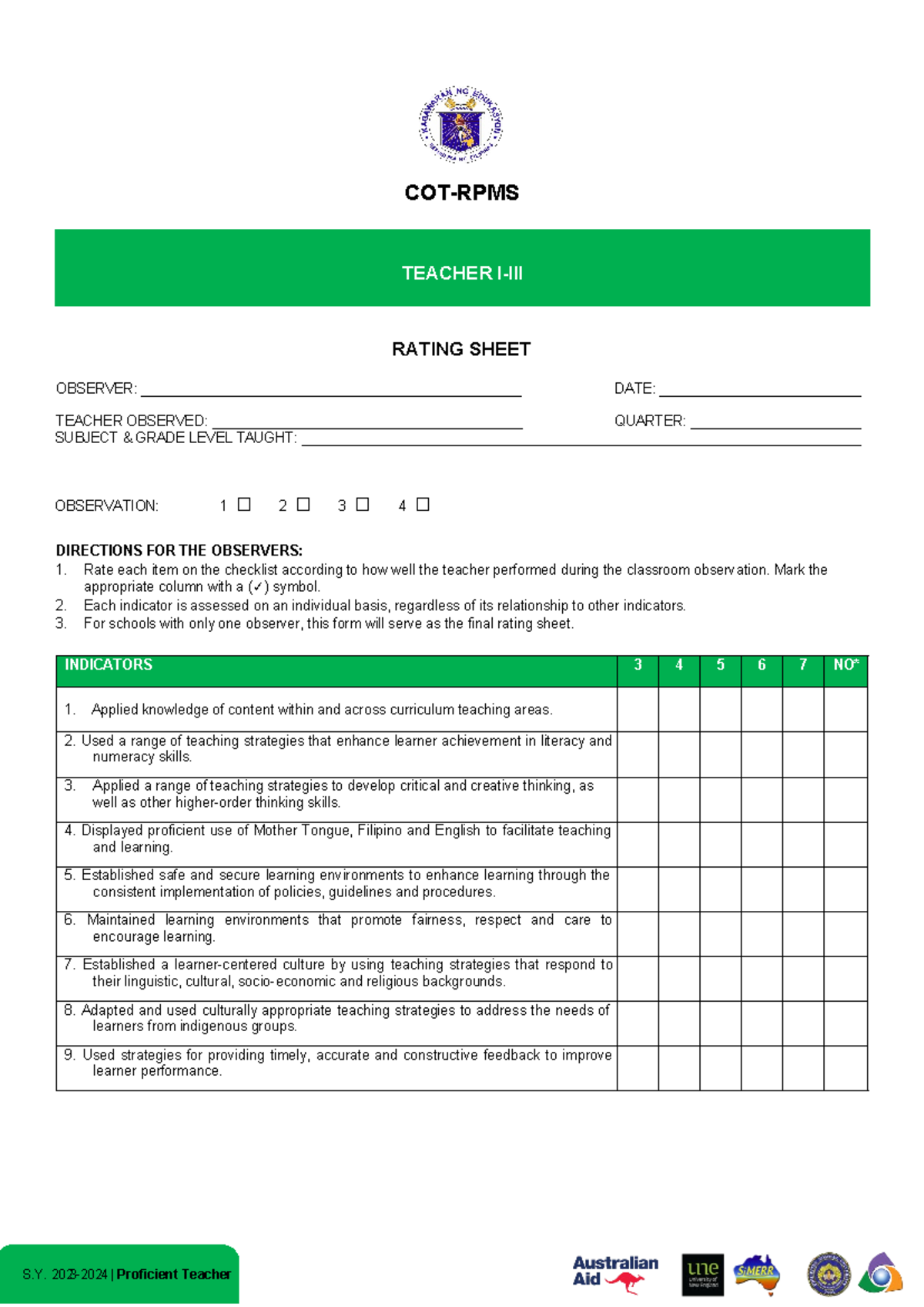 [Appendix C-03] COT-RPMS Rating Sheet for T I-III for SY 2023-2024 ...