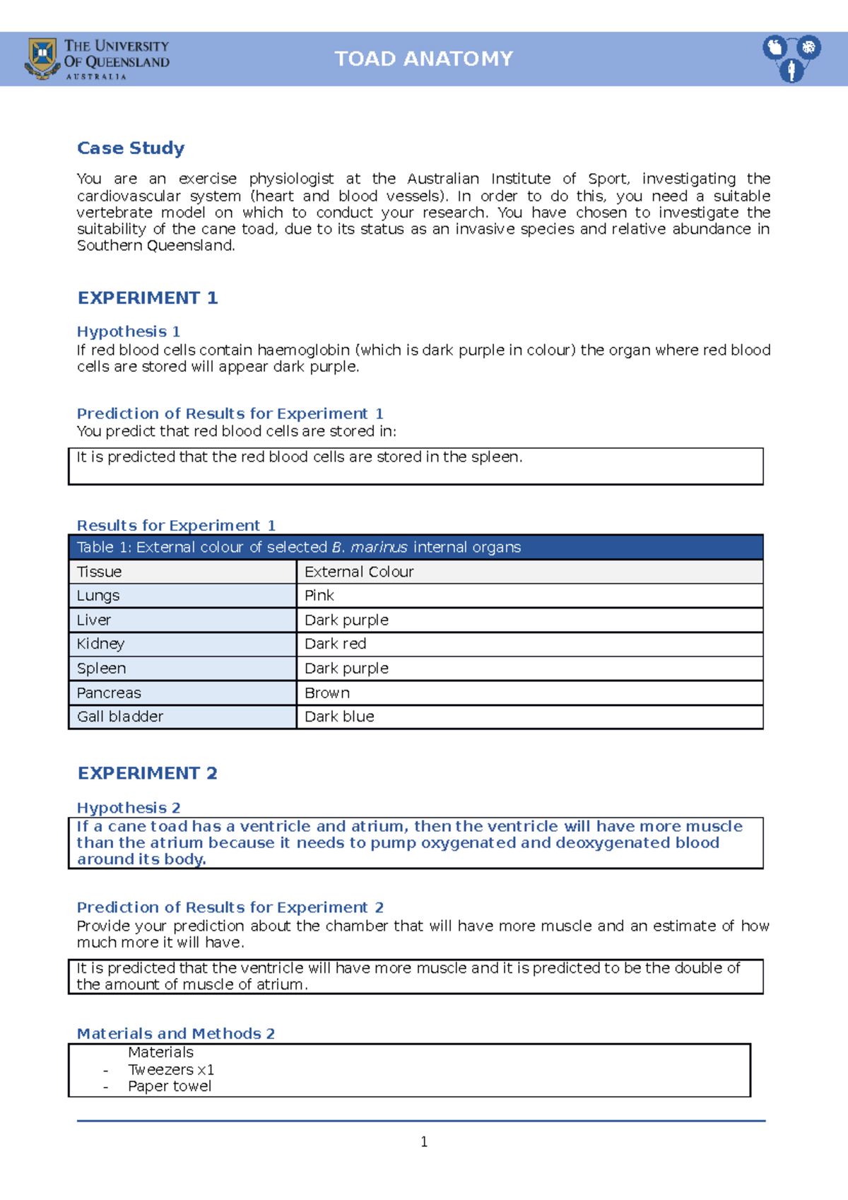 Toad Anatomy Report - Case Study You are an exercise physiologist at ...