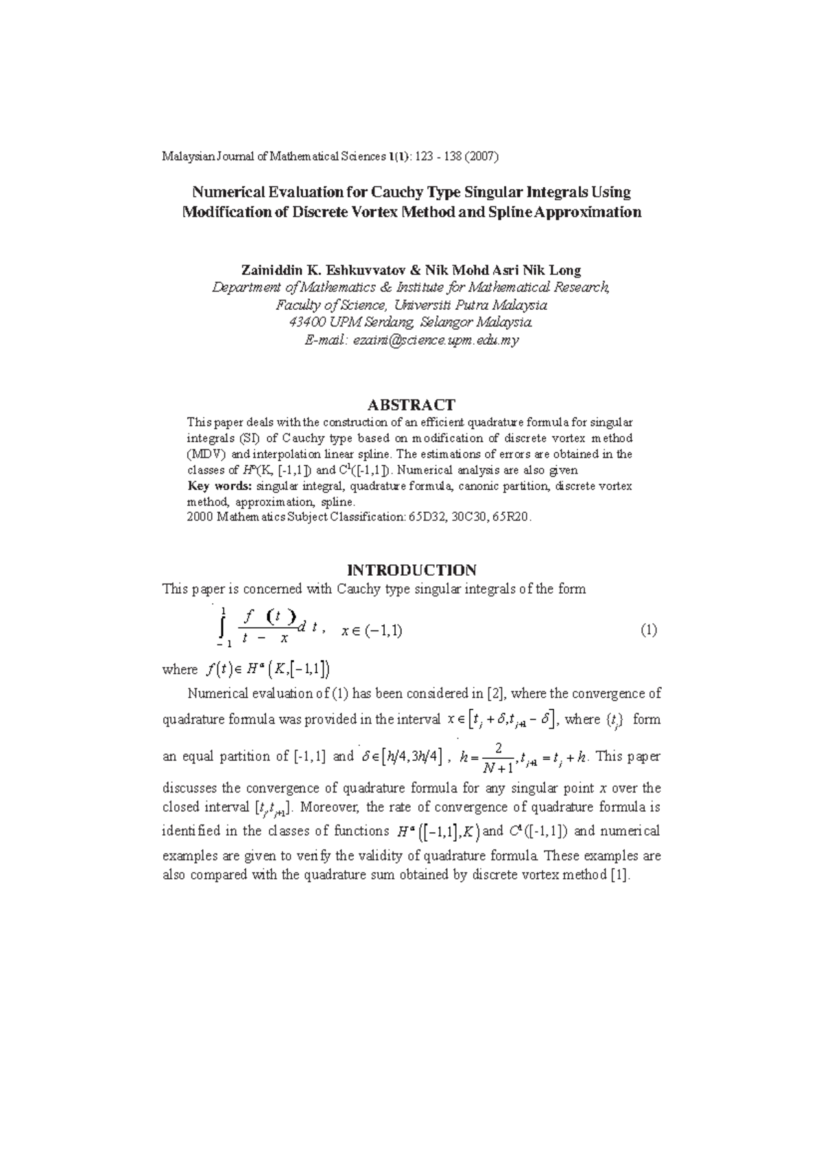Numerical Evaluation For Cauchy Type Singular Integrals Using Modification Of Discrete Vortex