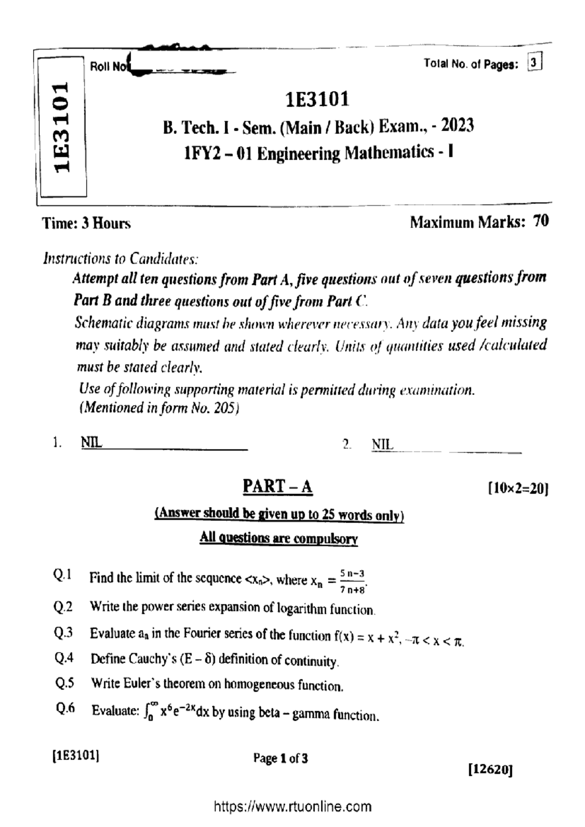 Btech 1 sem engineering mathematics 1 1e3101 2023 - Roll No Total No. of Pages: 3 TOTALI 1E3101 ...