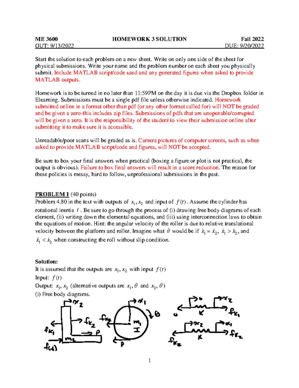 ME3600 Homework 03 Solution - ME 3600 HOMEWORK 3 SOLUTION Fall 2022 OUT: 9/13/2022 DUE: 9/20 ...