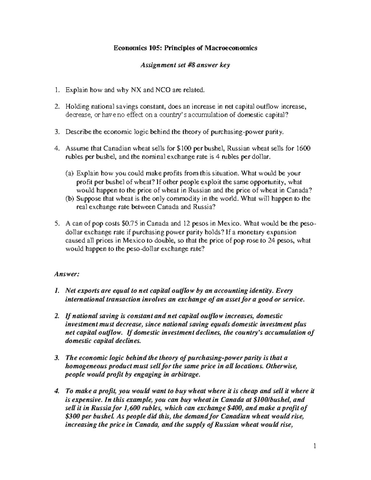 Assignment 8key - 1 Economics 105: Principles of Macroeconomics ...
