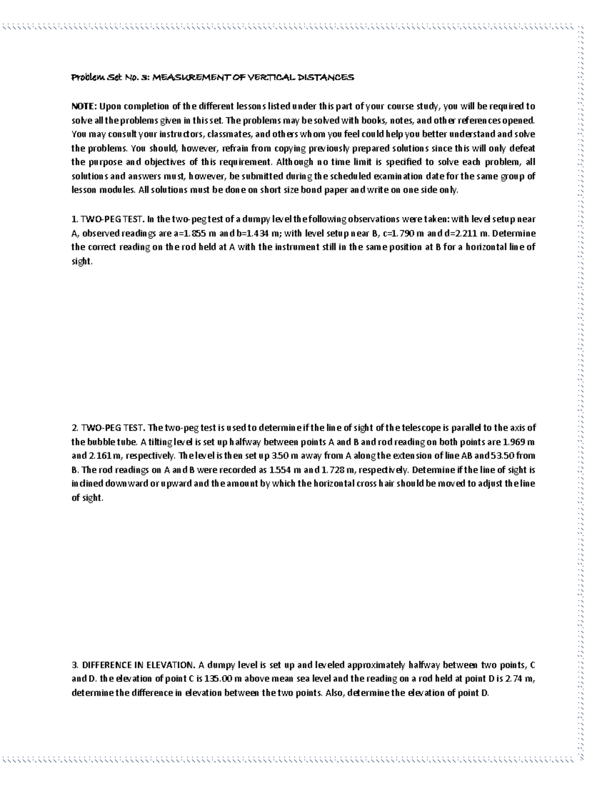Differential leveling - Problem Set No. 3 : MEASUREMENT OF VERTICAL ...
