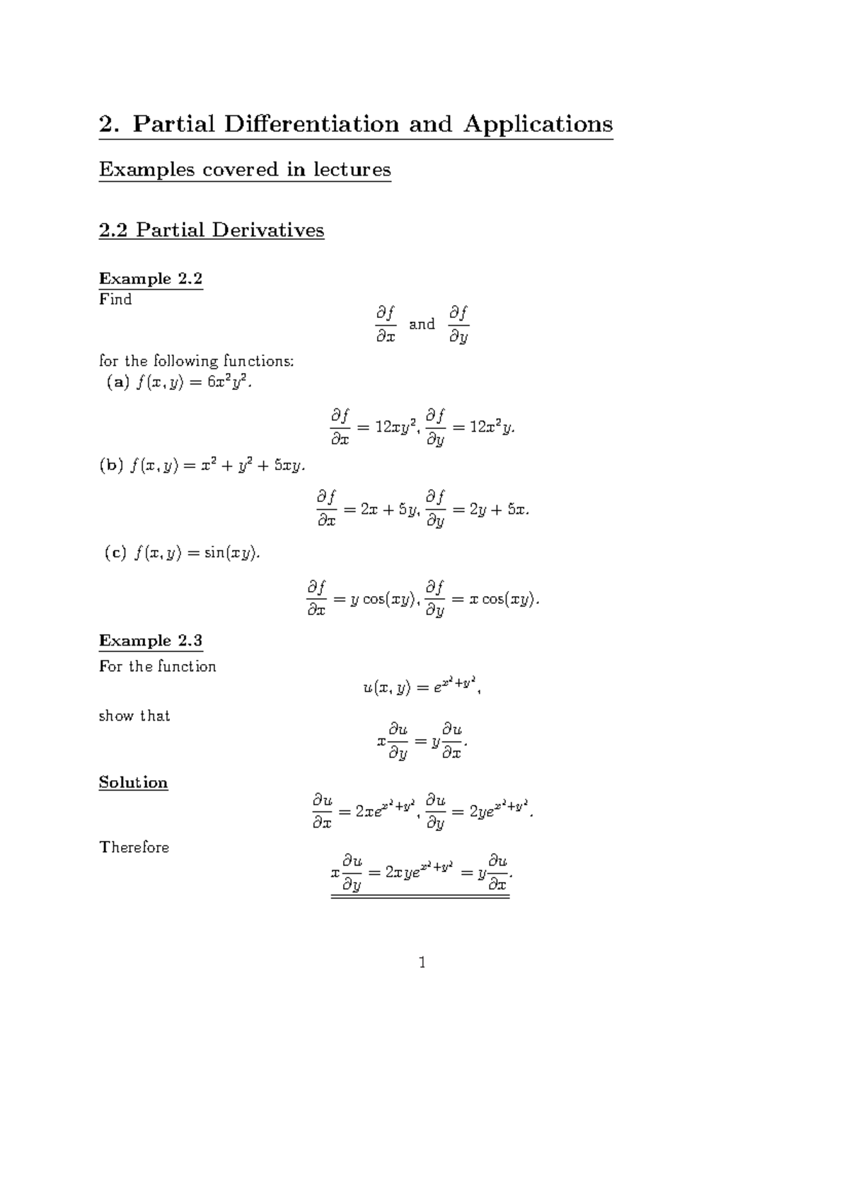 Section 2 Examples - 2. Partial Differentiation and Applications Examples covered in lectures 2 ...