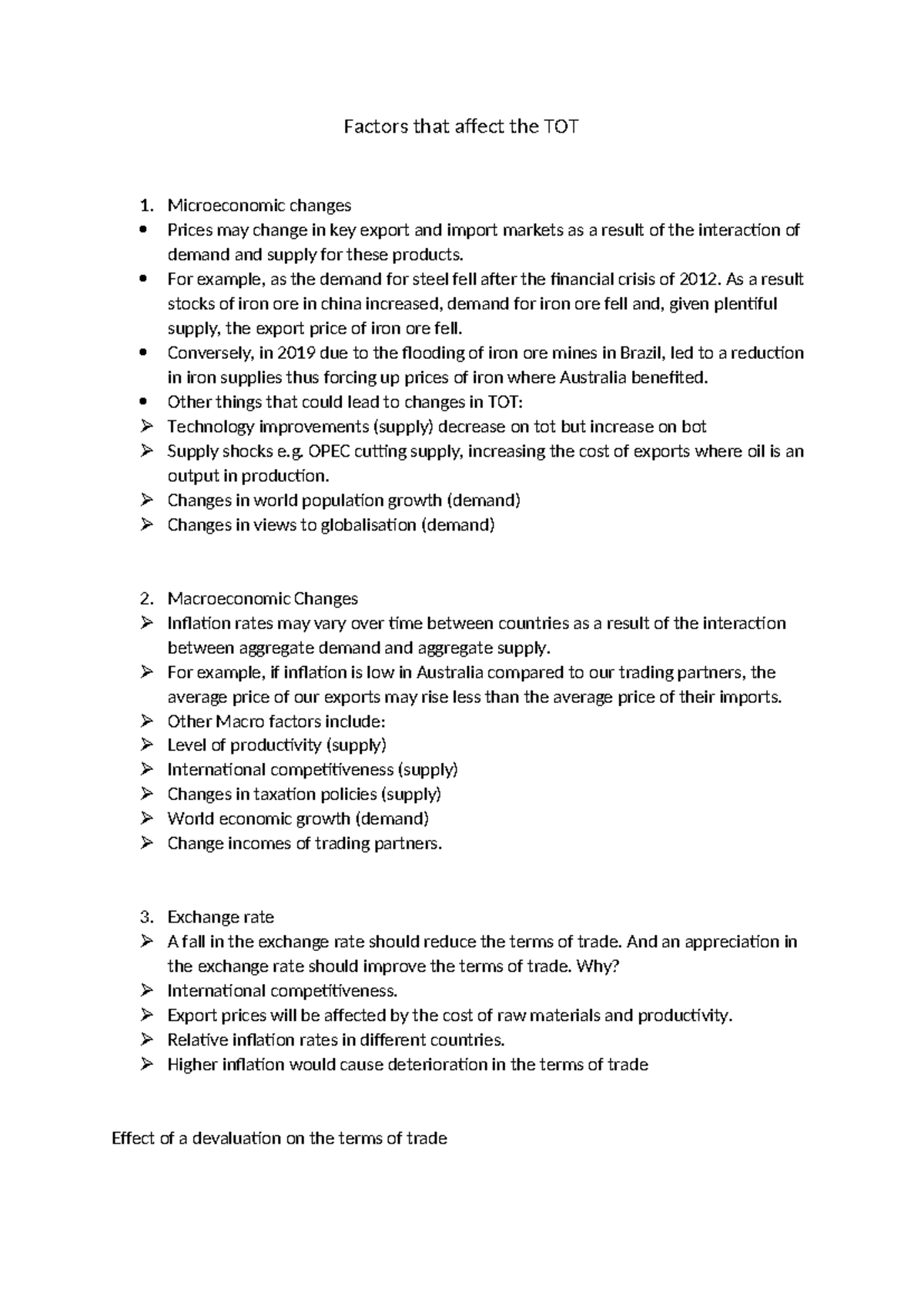 Factors that affect the TOT - Microeconomic changes Prices may change ...