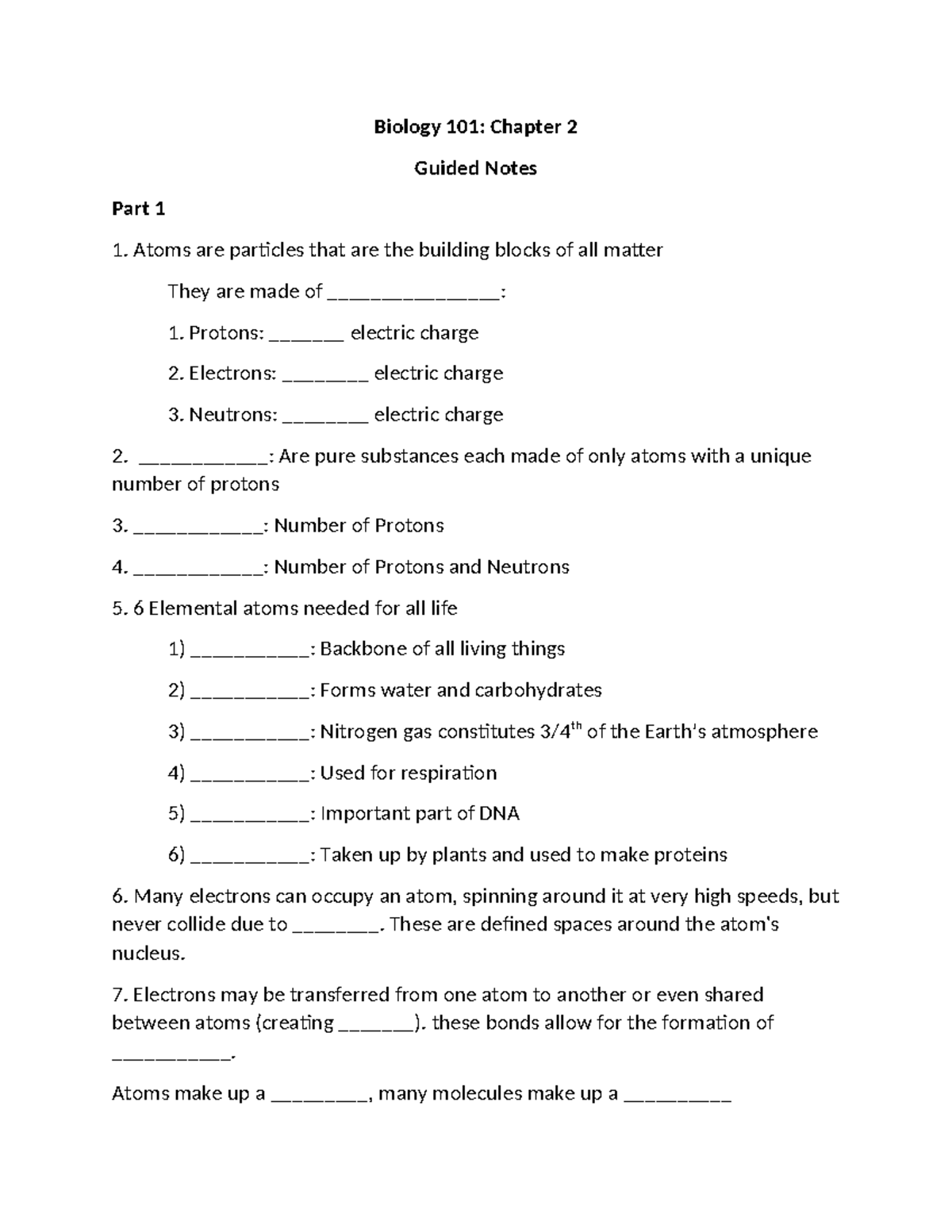 Biology 101 Chapter 2 Guided Notes - Biology 101: Chapter 2 Guided ...