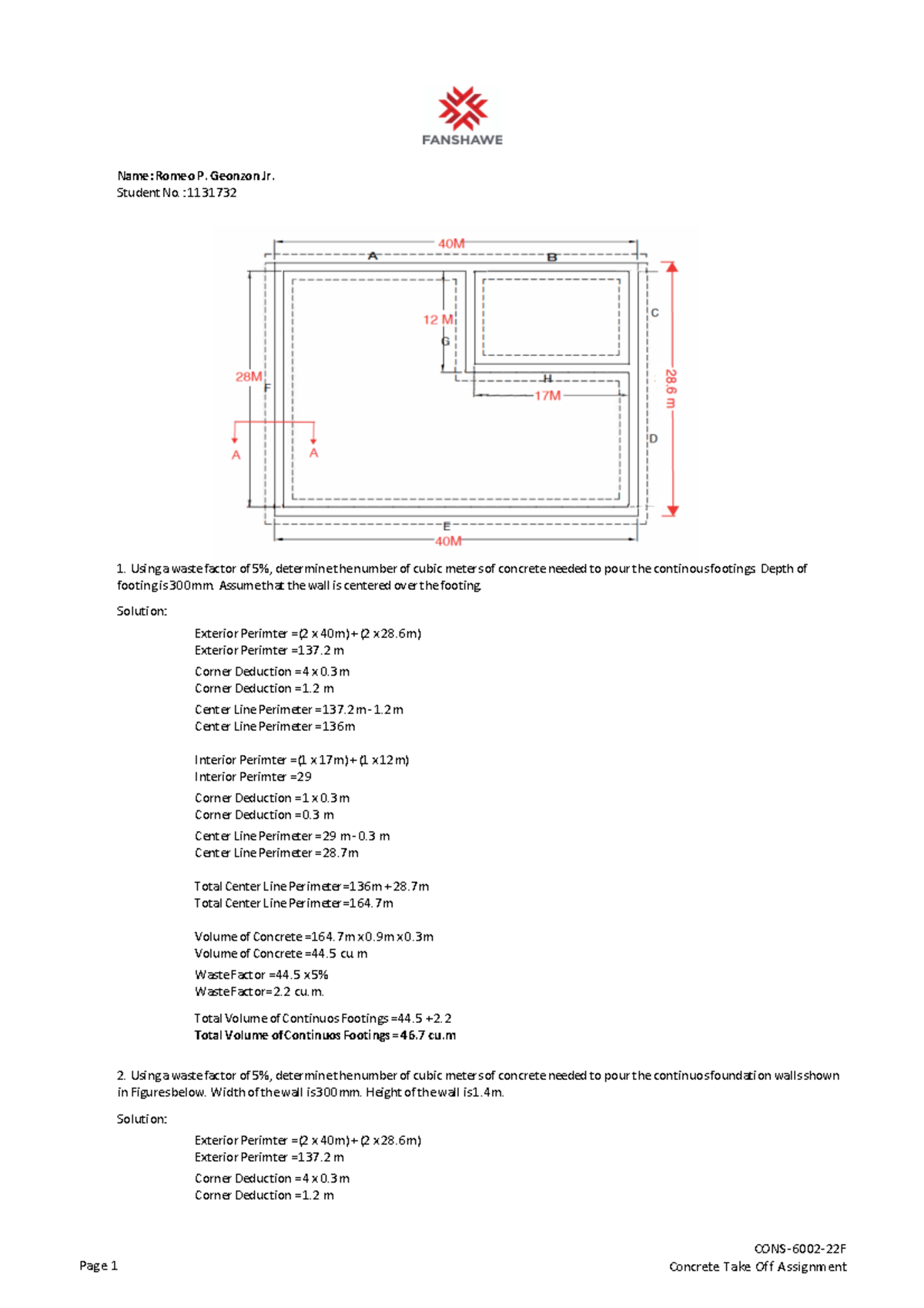 Concrete Take off Assignment - Page 1 CONS-6002-22F Concrete Take Off ...