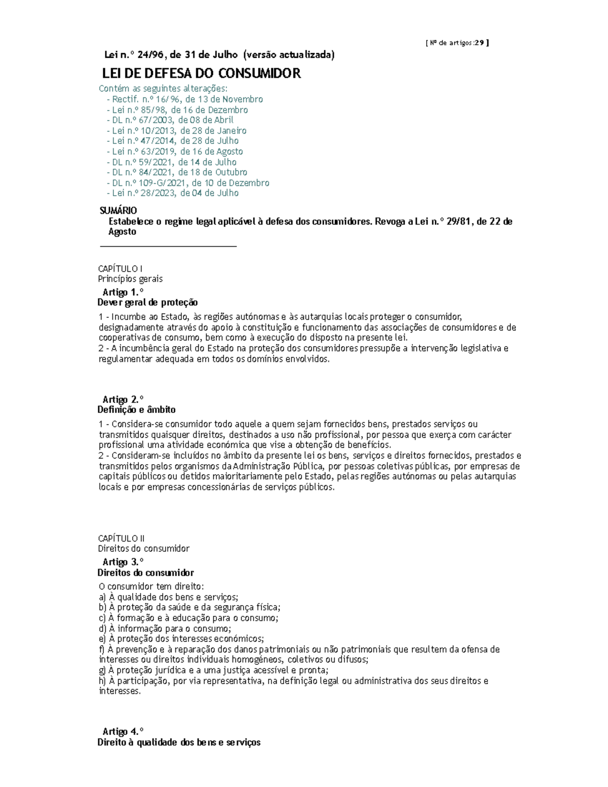 Lei n.º 24 96, de 31 de Julho - LEI DE DEFESA DO CONSUMIDOR - [ Nº de ...