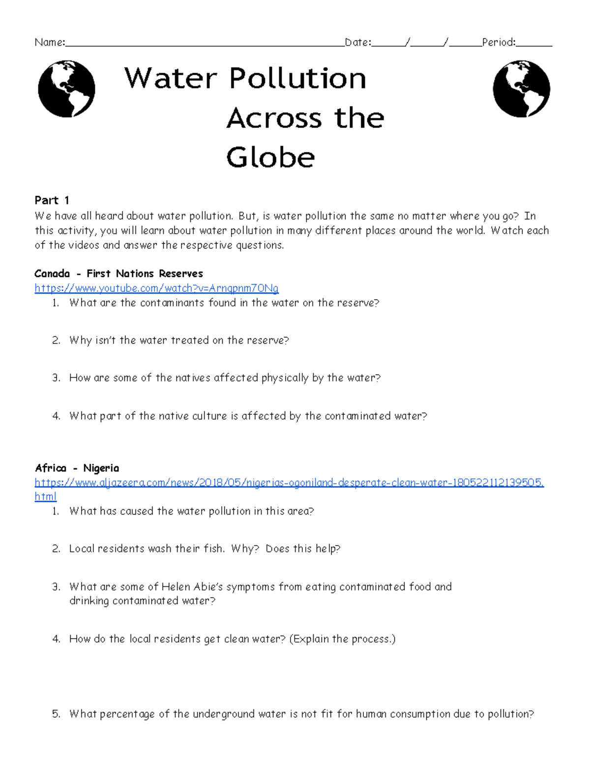 Water Pollution Acrossthe Globe-1 - Name: Date: / / Period: Water ...