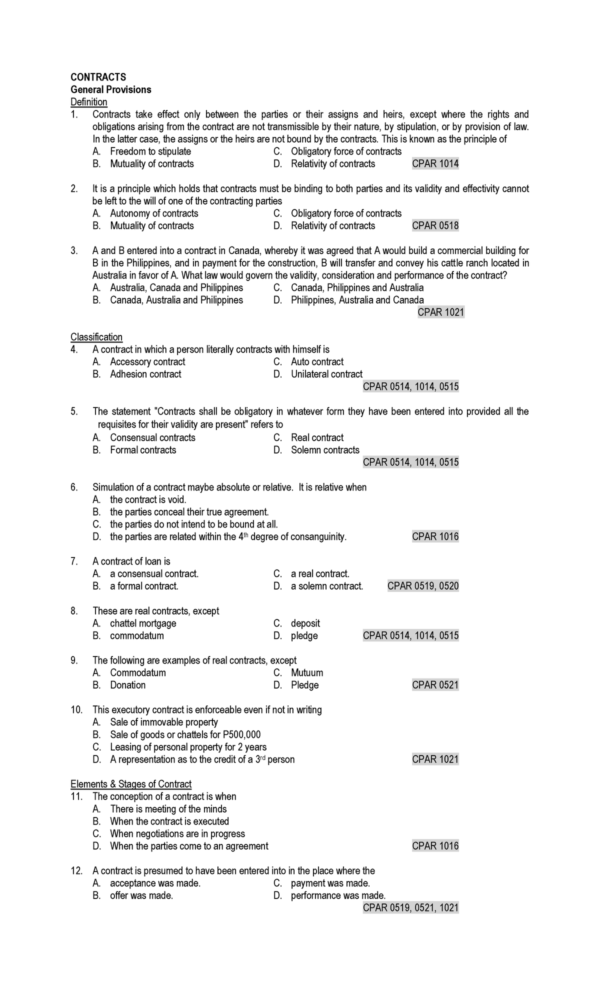 1 - practice - CONTRACTS General Provisions Definition Contracts take ...