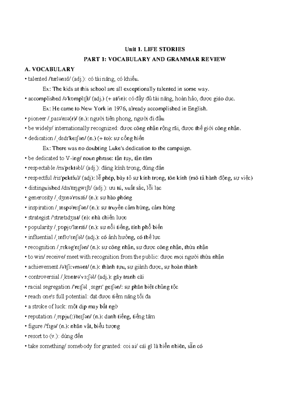 Unit 1-2 - abc - Unit 1. LIFE STORIES PART 1: VOCABULARY AND GRAMMAR ...