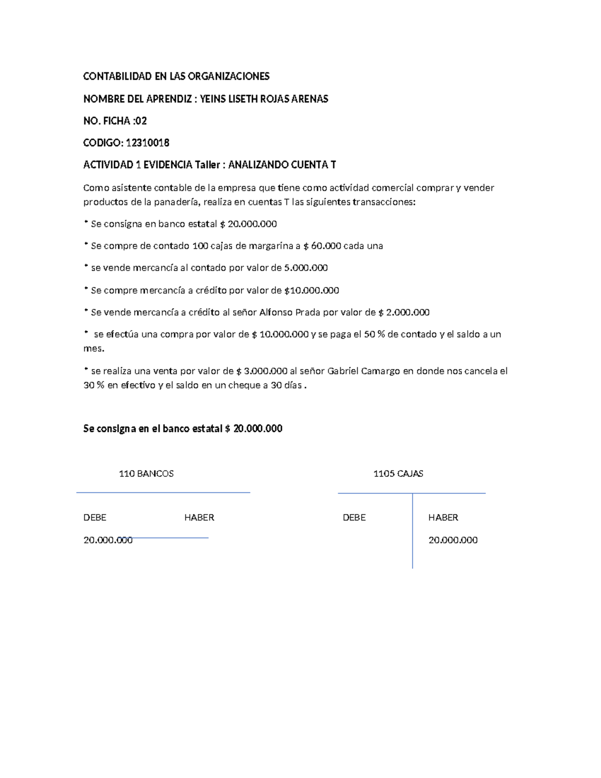 Cuentas T - CONTABILIDAD EN LAS ORGANIZACIONES NOMBRE DEL APRENDIZ ...