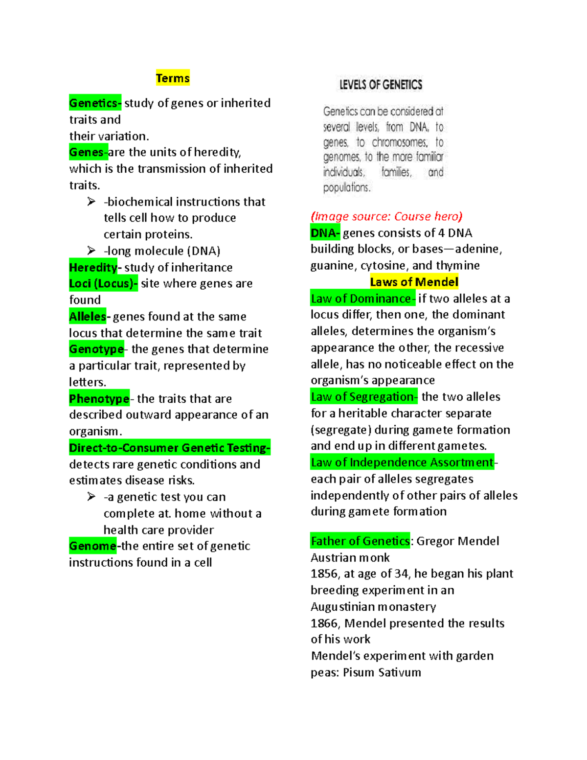 Genetics and Blood - Lecture notes - Terms Genetics- study of genes or ...