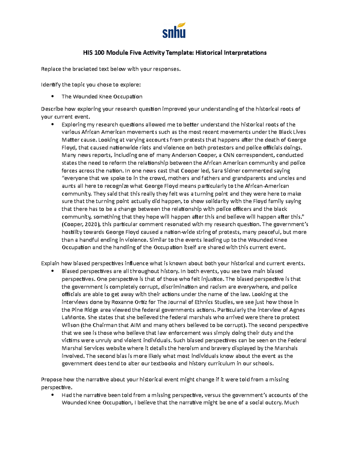 HIS 100 Module Five Activity Template - Identify the topic you chose to ...