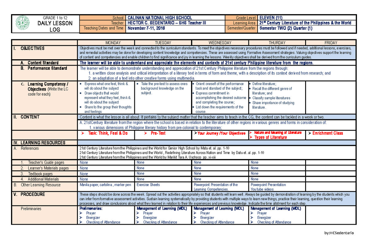 Idoc - Essay - GRADE 1 to 12 DAILY LESSON LOG School CALINAN NATIONAL ...