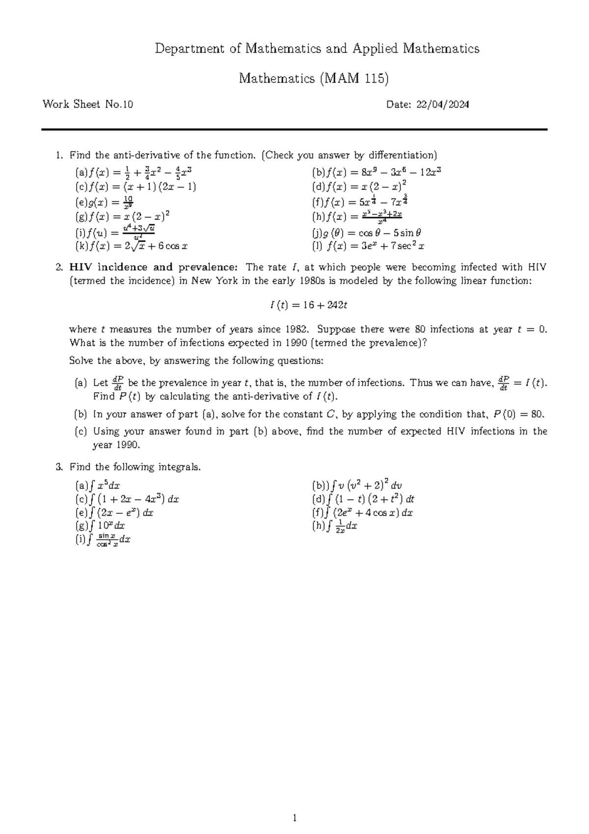 MAM115WS10 - Lecture notes - Department of Mathematics and Applied ...