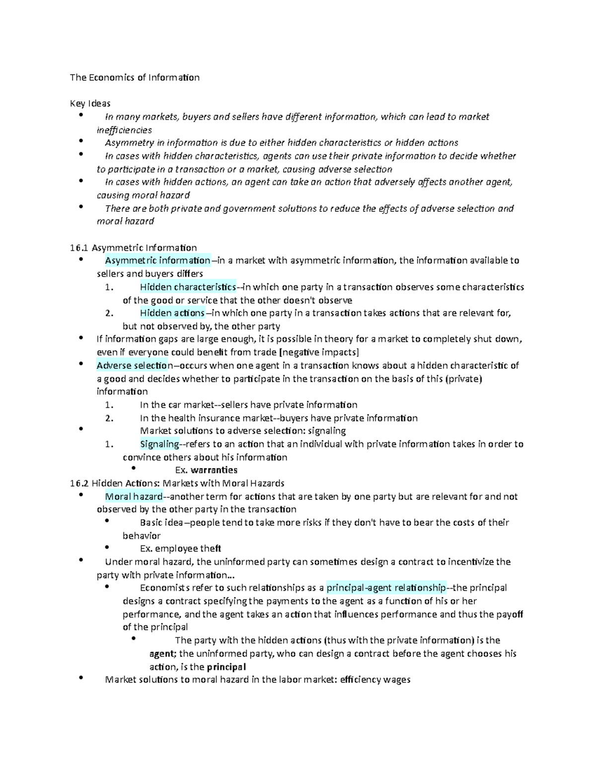 Chapter 16 - Lecture notes 16 - The Economics of Information Key Ideas ...
