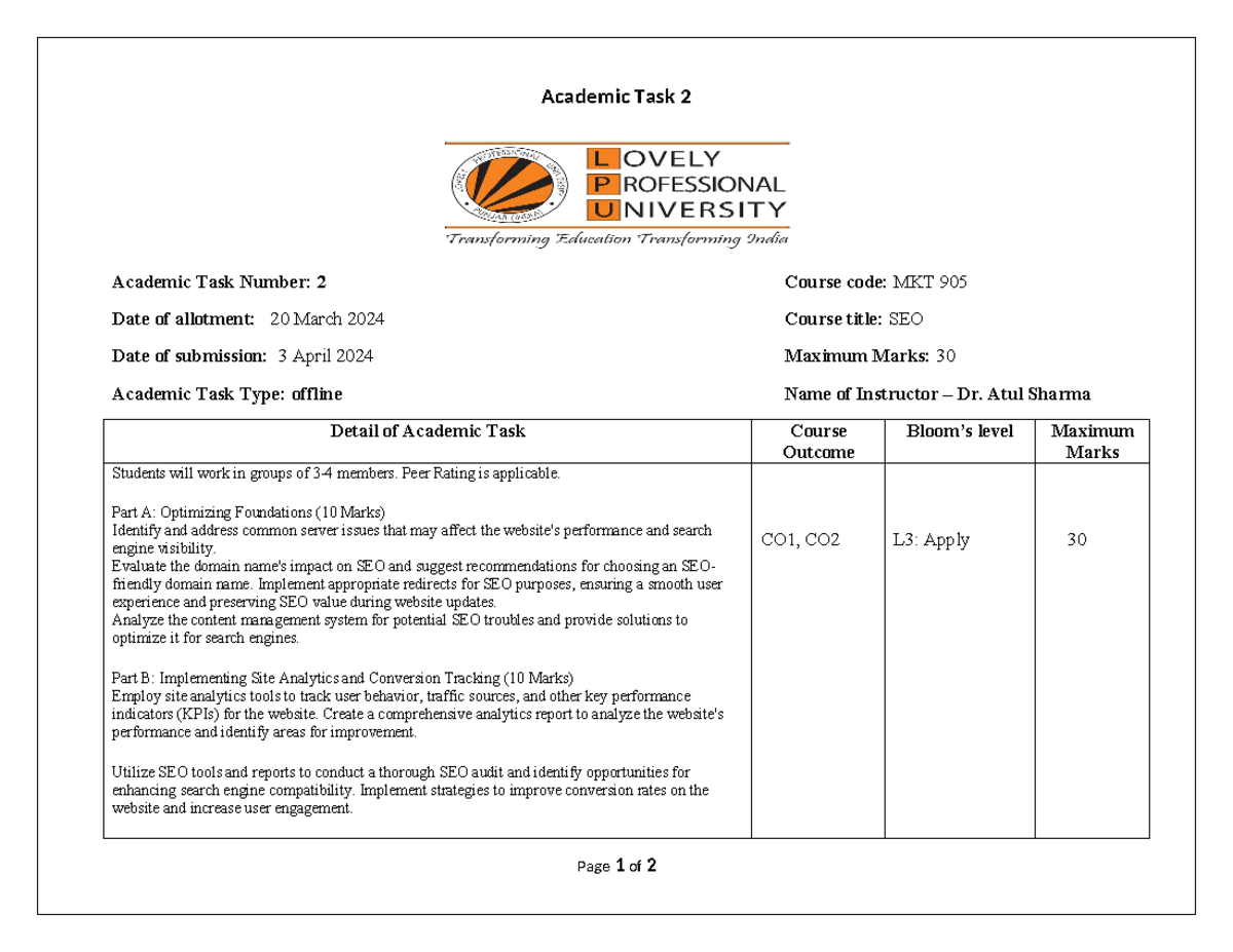 CA2 MKT905 - Academic Task 2 Academic Task Number: 2 Course code: MKT 905 Date of allotment: 20 ...