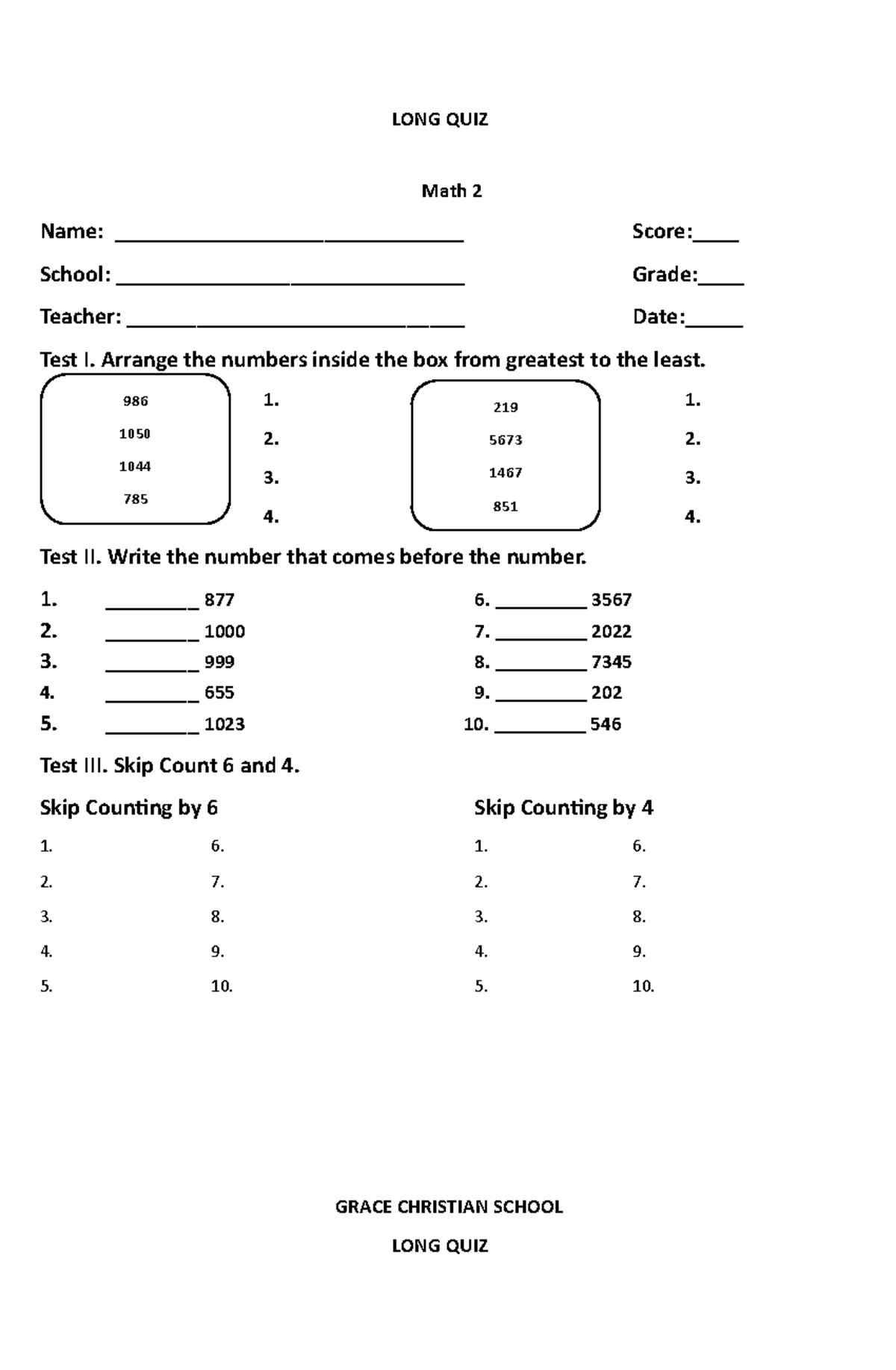 3rd long quiz - QUZZIES - LONG QUIZ Math 2 Name ...